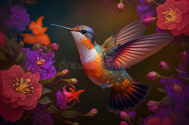 Flying Hummingbird among Bright Spring Flowers. Generative AI Stock ...