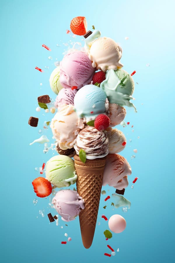 Flying Ice Cream Balls and Ingredients on Pastel Light Blue Background ...