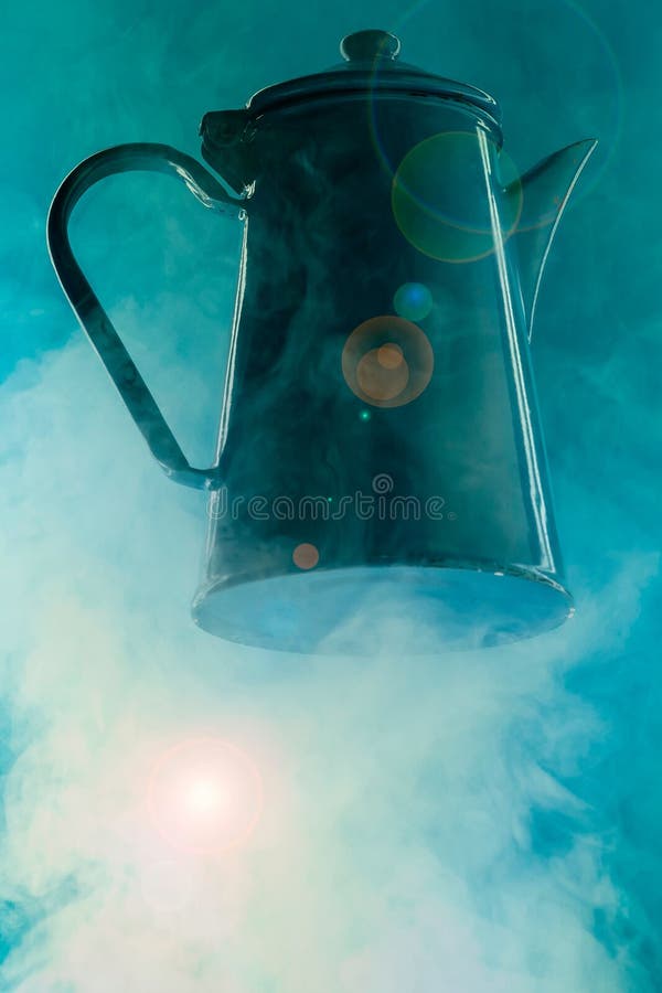 Flying Iron Coffee Pot Surrounded by Smoke Stock Image - Image of ...