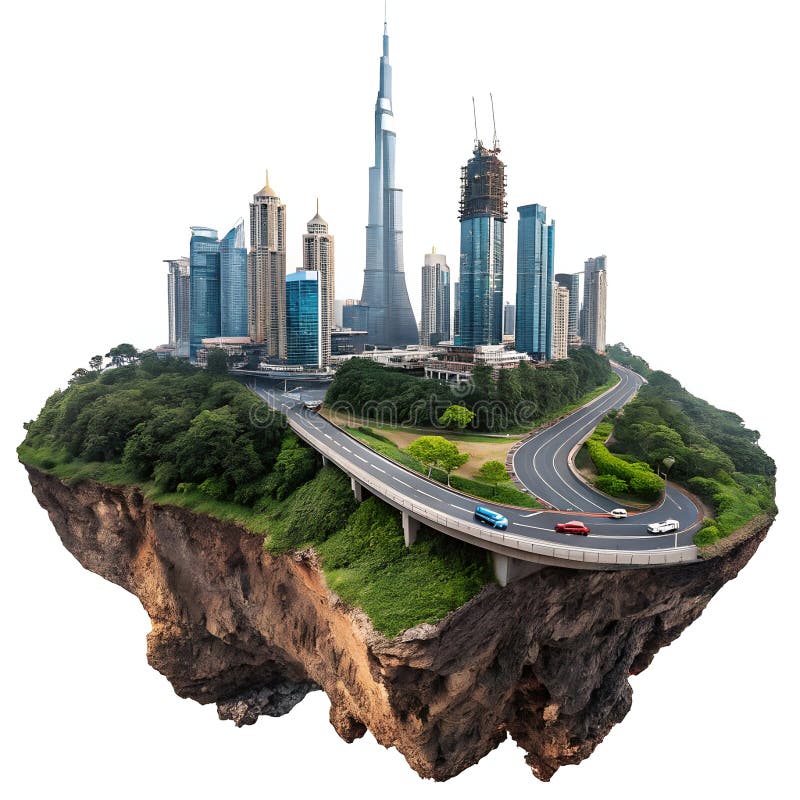 Flying Island with Road and Modern City Stock Illustration ...