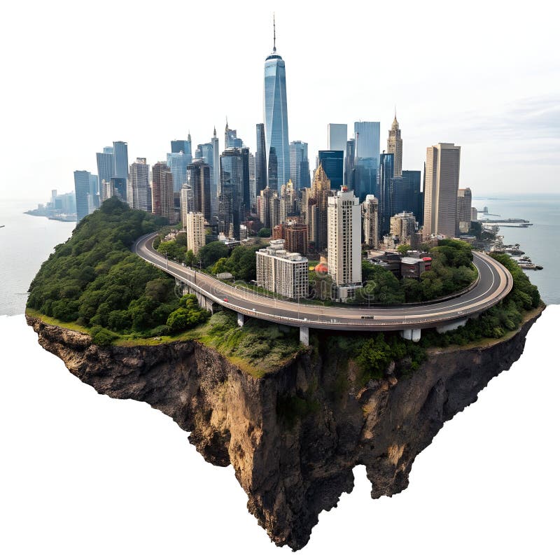 Flying Island with Road and Modern City Stock Illustration ...
