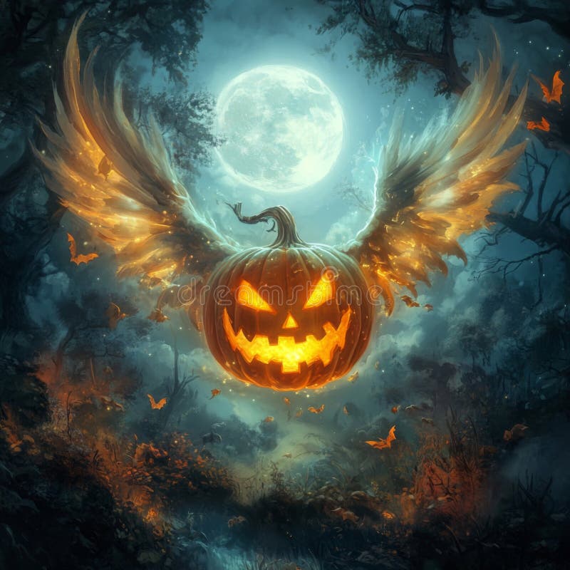A Flying Jack-o -Lantern with Wings Against a Full Moon in a Forest ...
