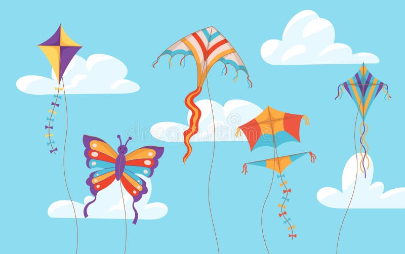 Flying Kites Different Shapes in Sky among Clouds Flat Style Stock ...