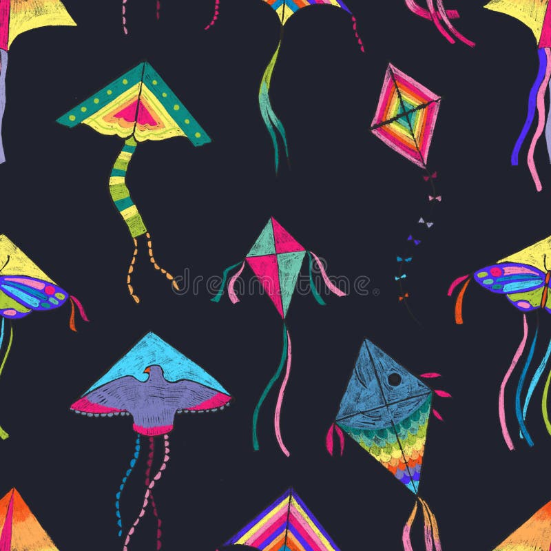 Flying Kites Summer Seamless Pattern. Childish Freehand Scribble and ...