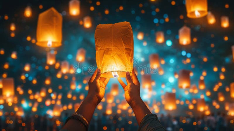 Flying Lantern Festival, Hands Launching a Paper Lantern Stock Photo ...