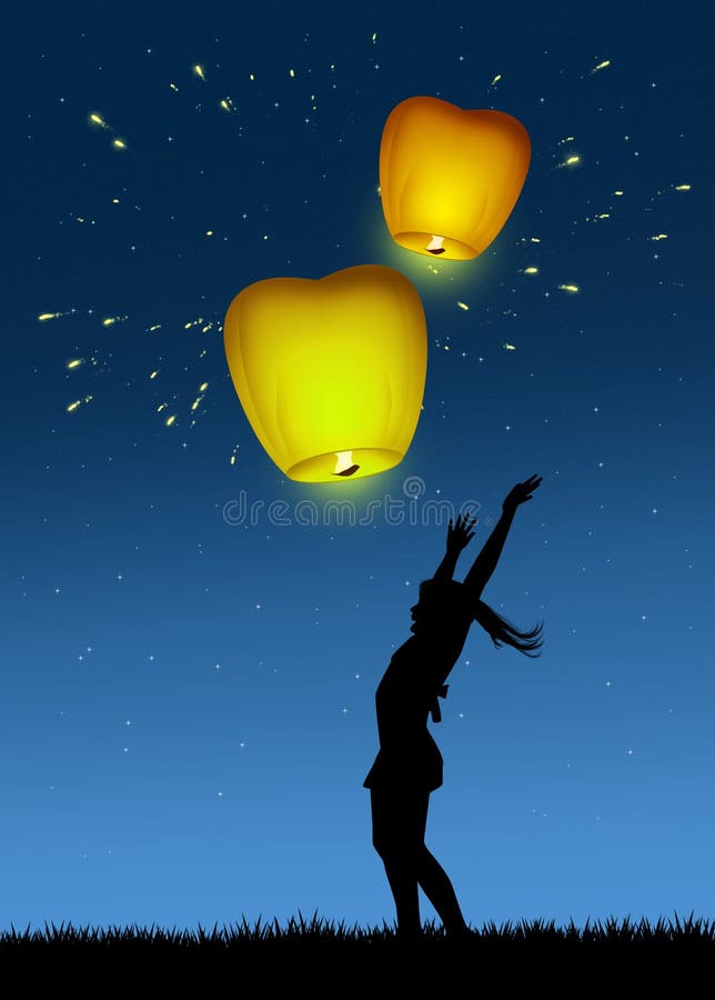 Flying lanterns stock illustration. Illustration of joyful - 76834428
