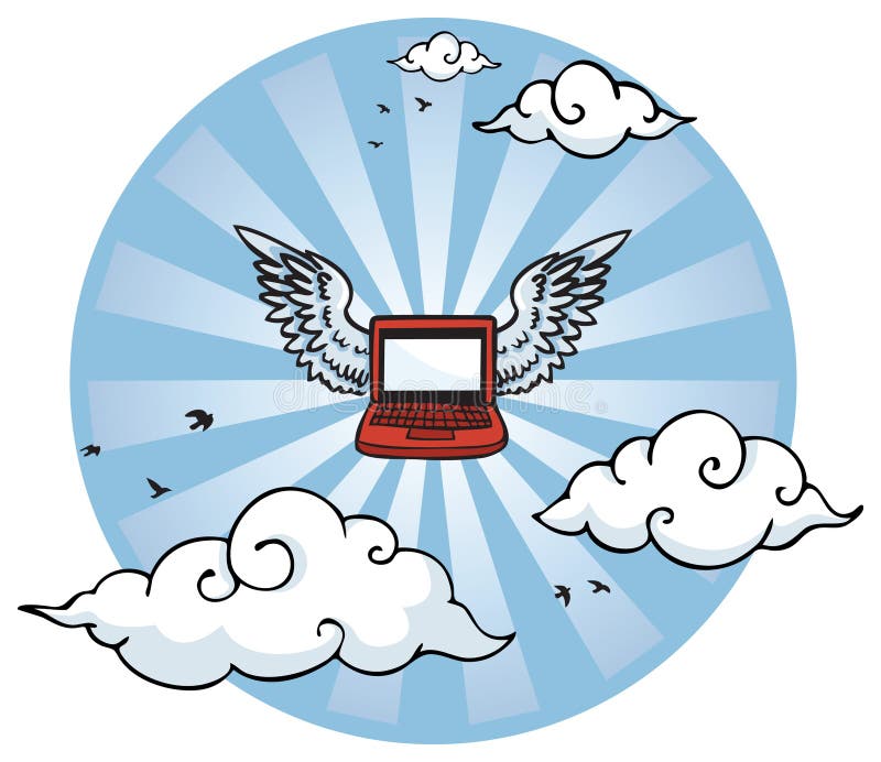 Flying laptop with wings stock illustration. Illustration of travel ...