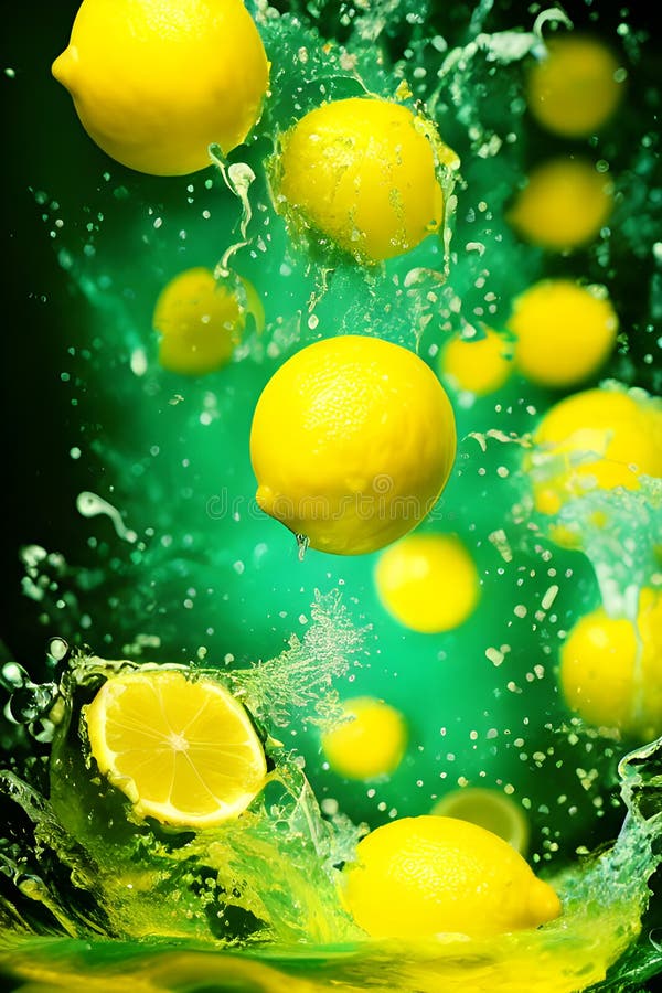 Flying a Leamon Slices with Water Splashing, Generative Ai Stock ...