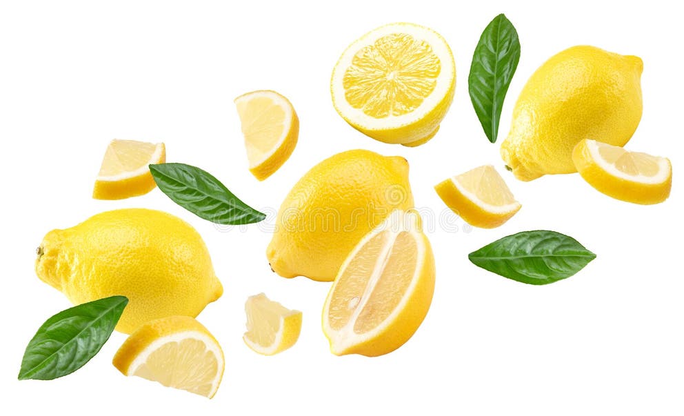 Flying Lemons with Leaves Isolated on White Background. Clipping Path ...