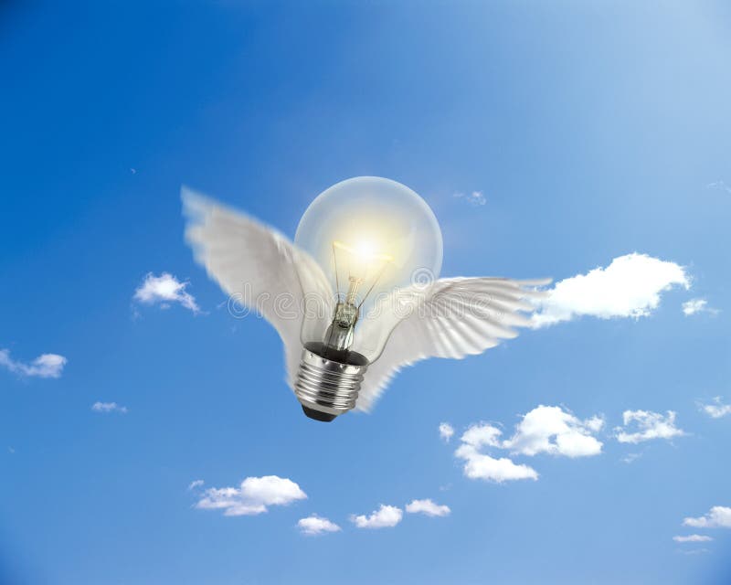 Flying Light Bulb on Sun and Sky Background. Technology Concept Stock ...