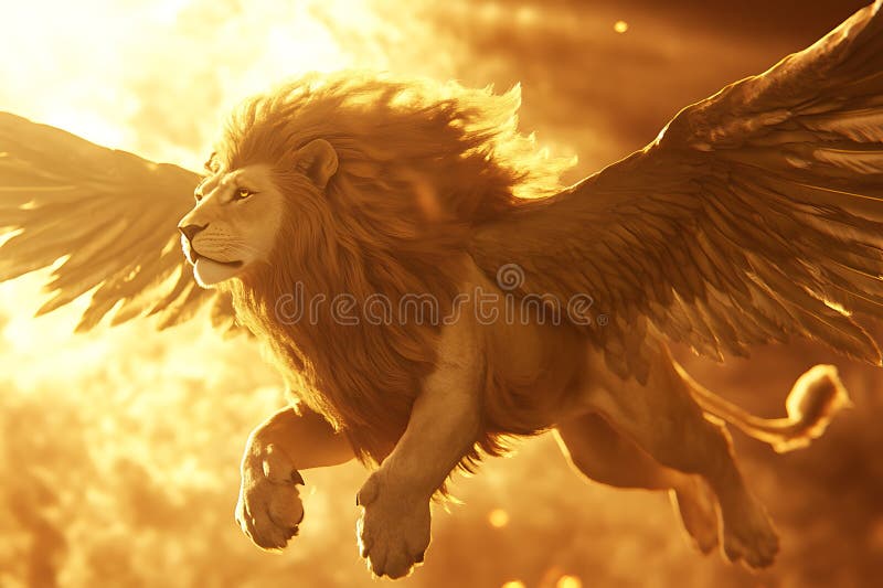 Flying Lion with Wings, Surrounded by a Golden Light Stock Illustration ...