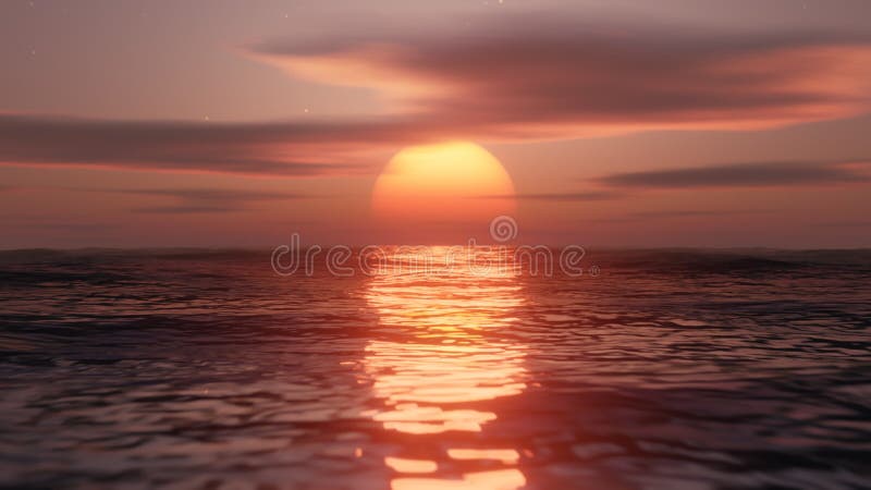 Flying Low Over Ocean at Sunset. Stylized Looped Animation. 3d Render ...