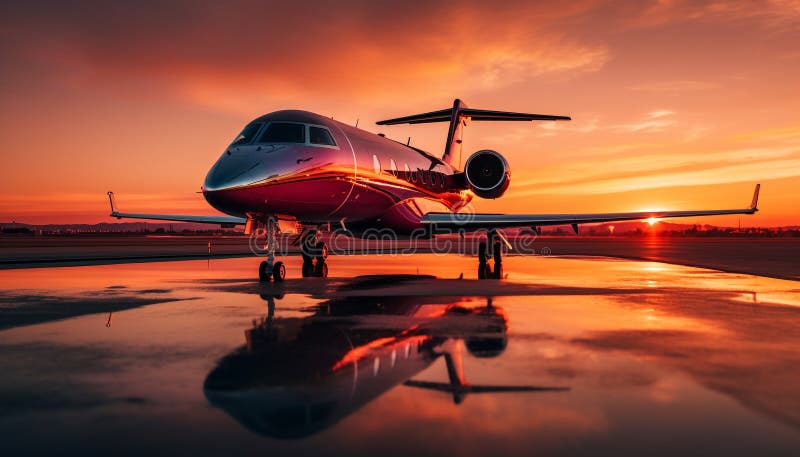 Flying Luxury Aircraft Taking Off at Dawn, Reflecting Sunlight on Water ...