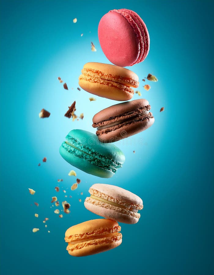 Flying Macarons. Different Types of Macaroons in Motion Falling on ...
