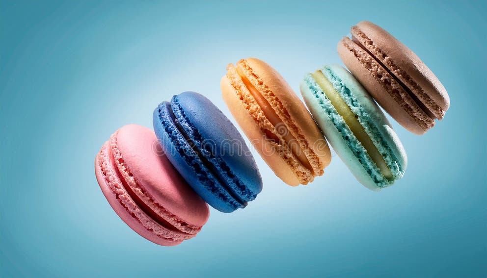 Flying Macarons. Different Types of Macaroons in Motion Falling on ...