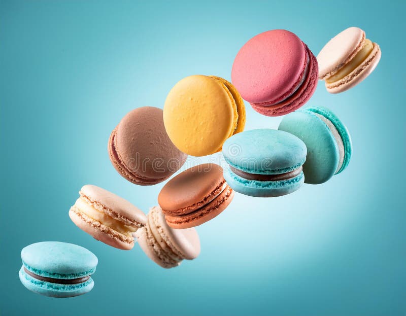 Flying Macarons. Different Types of Macaroons in Motion Falling on ...