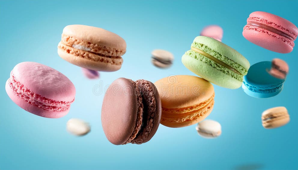Flying Macarons. Different Types of Macaroons in Motion Falling on ...