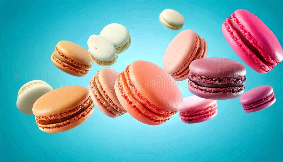 Flying Macarons. Different Types of Macaroons in Motion Falling on ...