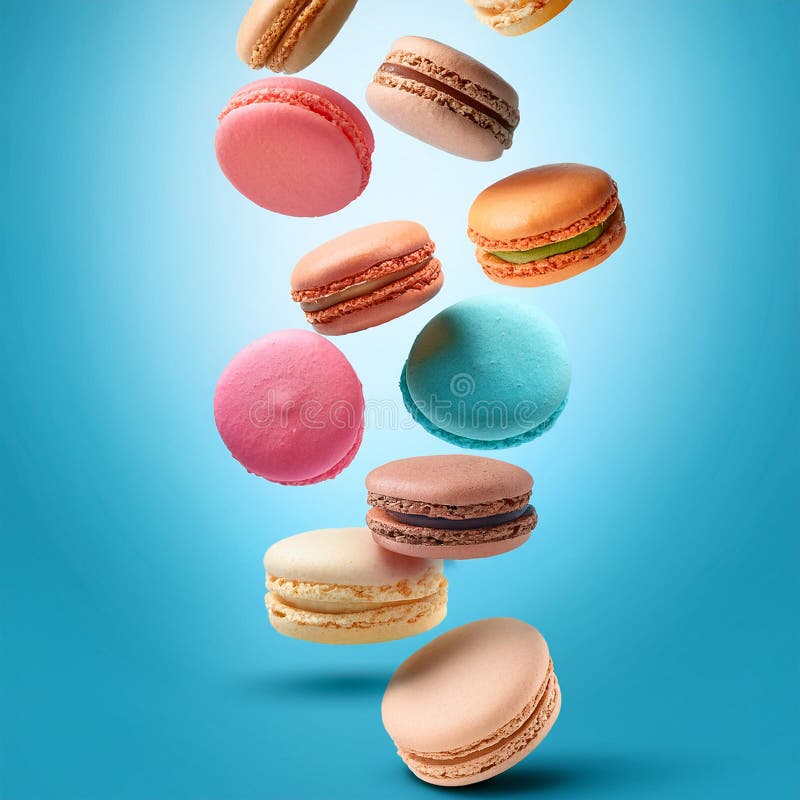 Flying Macarons. Different Types of Macaroons in Motion Falling on ...