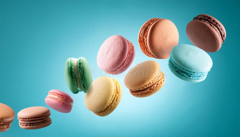 Flying Macarons. Different Types of Macaroons in Motion Falling on ...