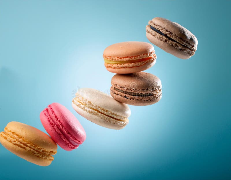 Flying Macarons. Different Types of Macaroons in Motion Falling on ...