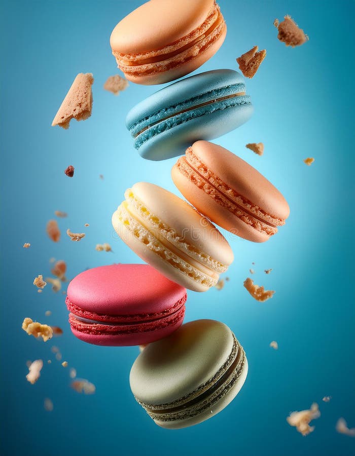 Flying Macarons. Different Types of Macaroons in Motion Falling on ...