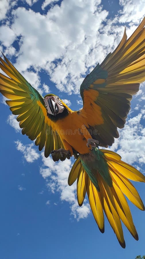 Flying Macaw Parrot Under Blue Sky and Bright Sun Stock Photo - Image ...