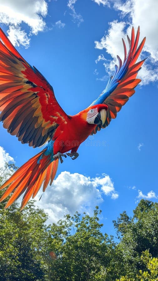 Flying Macaw Parrot Under Blue Sky and Bright Sun Stock Photo - Image ...