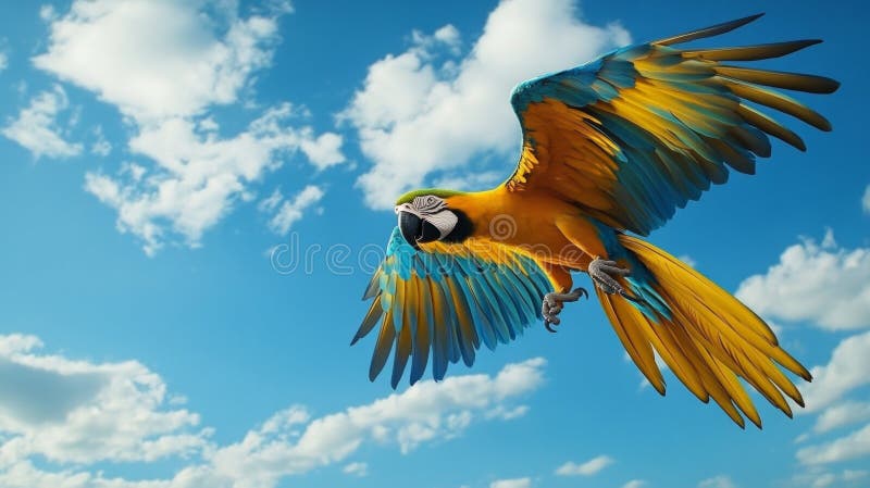Flying Macaw Parrot Under Blue Sky and Bright Sun Stock Photo - Image ...