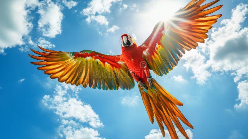 Flying Macaw Parrot Under Blue Sky and Bright Sun Stock Photo - Image ...