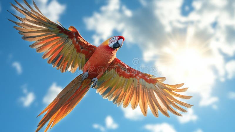 Flying Macaw Parrot Under Blue Sky and Bright Sun Stock Image - Image ...