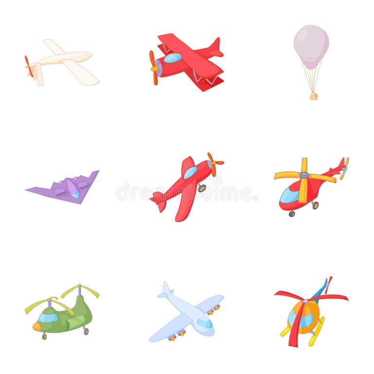 Flying Machine Icons Set, Cartoon Style Stock Vector - Illustration of ...