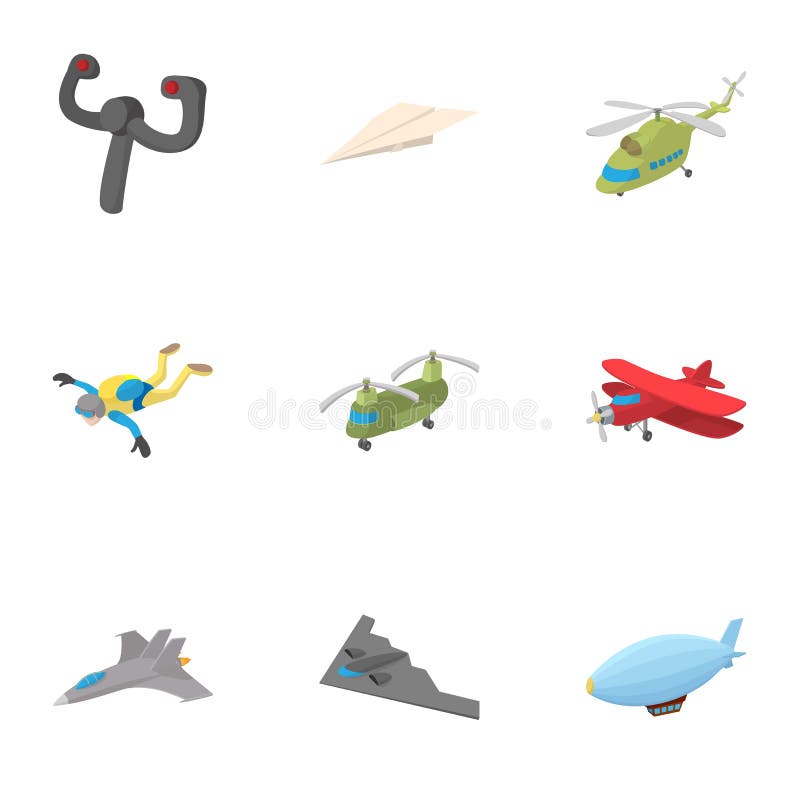 Flying Machine Icons Set, Cartoon Style Stock Vector - Illustration of ...