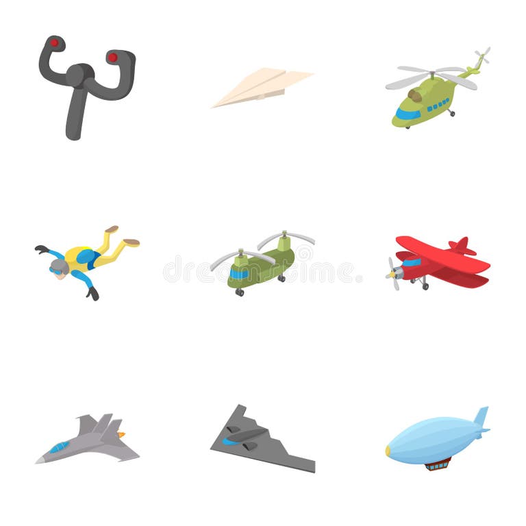 Flying Machine Icons Set, Cartoon Style Stock Vector - Illustration of ...