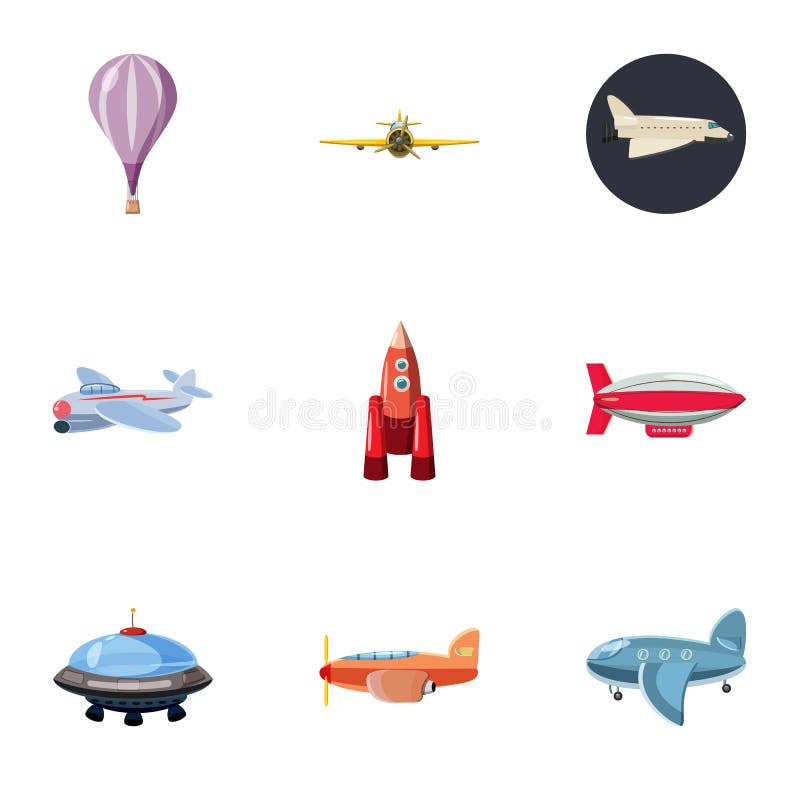 Flying Machine Icons Set, Cartoon Style Stock Vector - Illustration of ...