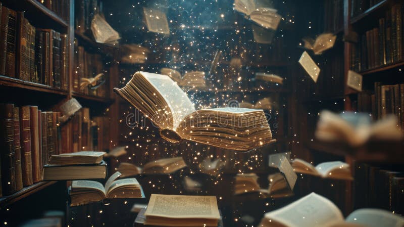 Flying Magic Books in the Library Stock Image - Image of learn ...