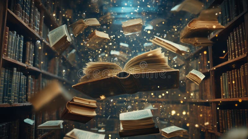 Flying Magic Books in the Library Stock Image - Image of information ...