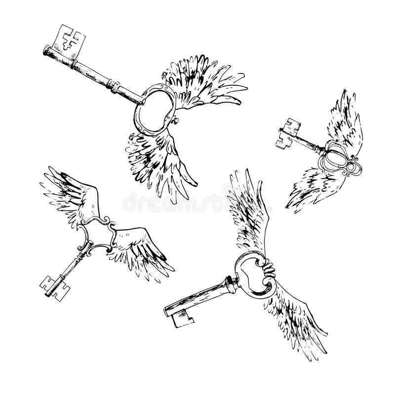 Flying Magic Keys, Vector Illustration. Bird`s Beautiful Wings Stock ...