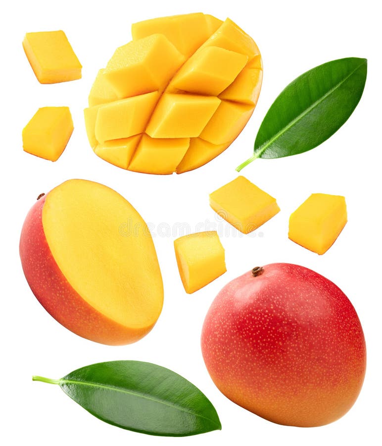Flying Mango with Slices and Green Leaves Isolated on White Background ...