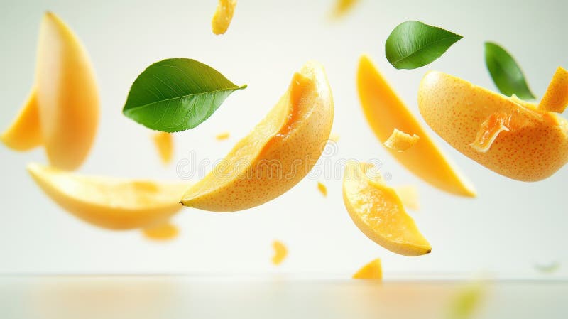 Flying Mango Slices with Leaves on White Background Stock Image - Image ...