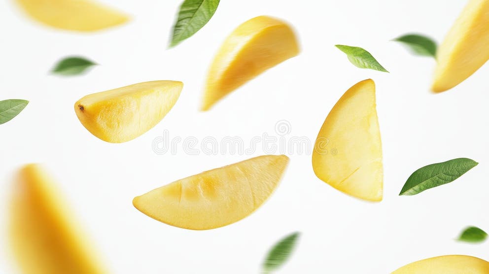 Flying Mango Slices with Leaves on White Background Stock Image - Image ...