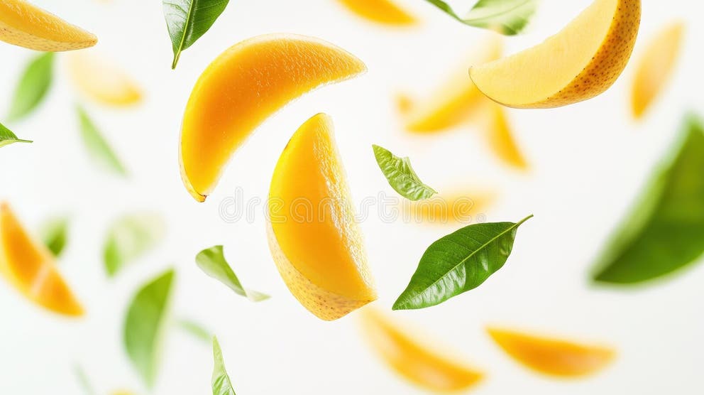 Flying Mango Slices with Leaves on White Background Stock Photo - Image ...