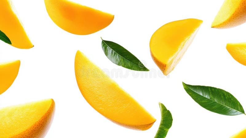 Flying Mango Slices with Leaves on White Background Stock Photo - Image ...