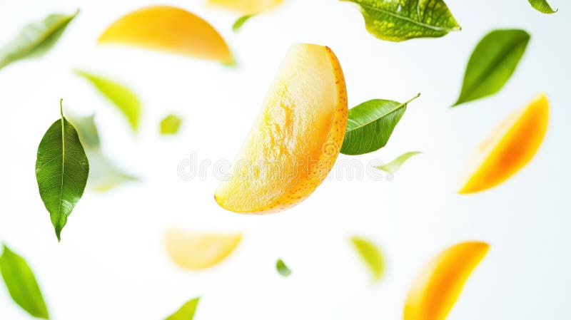 Flying Mango Slices with Leaves on White Background Stock Image - Image ...