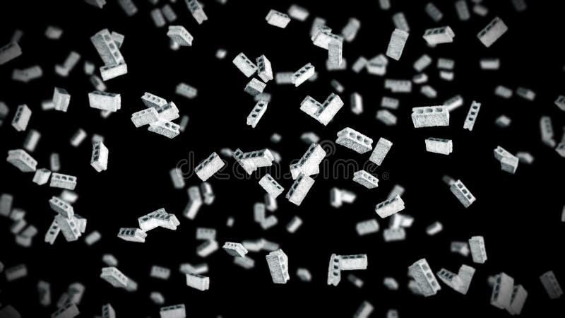 Flying Many Concrete Bricks on Black Background. Miniature Model ...