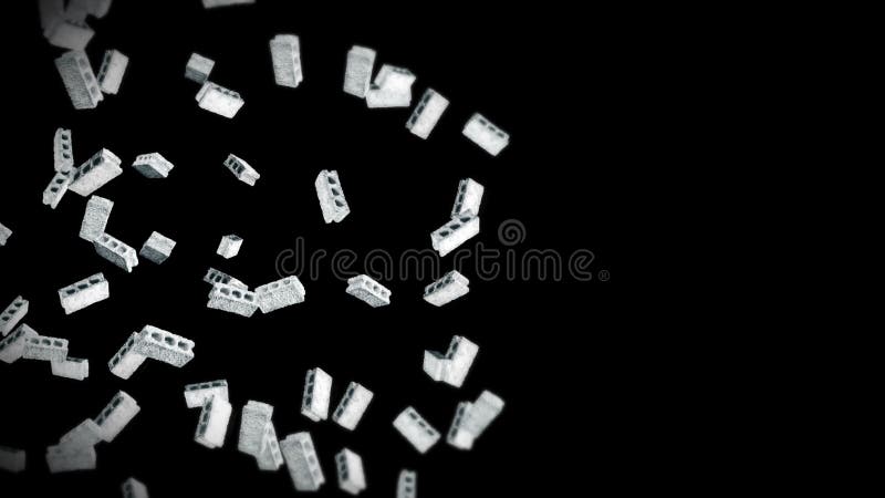 Flying Many Concrete Bricks on Black Background. Miniature Model ...