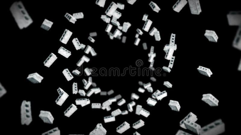Flying Many Concrete Bricks on Black Background. Miniature Model ...