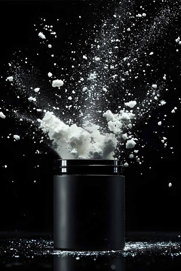 Flying in Midair a Black Supplement Jar in Front of Exploding White ...