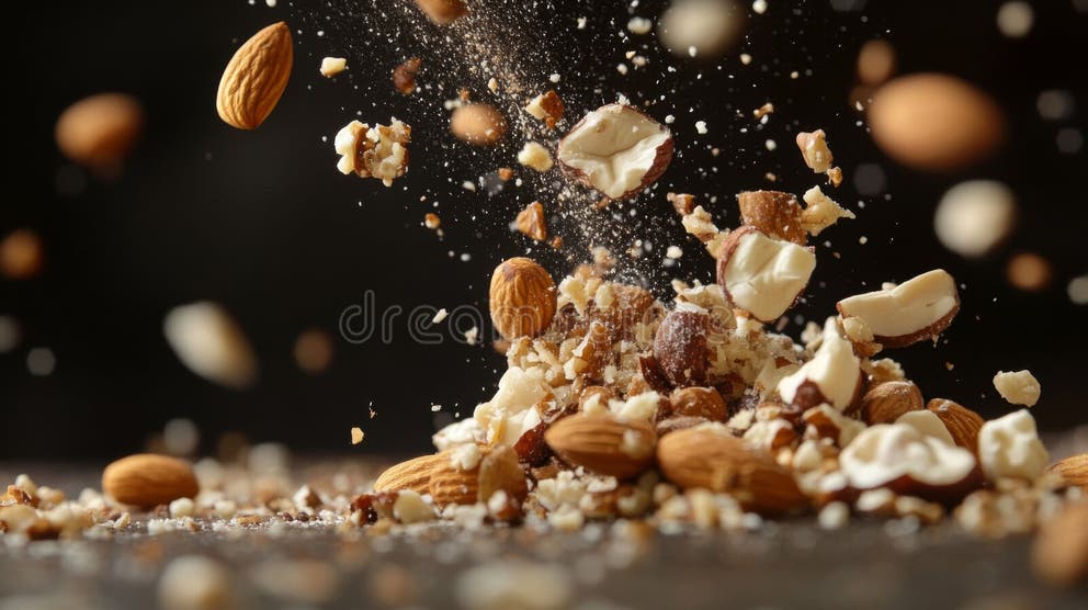 Flying Mixed Nuts: Almonds Hazelnuts Walnuts on Dark Background Stock ...