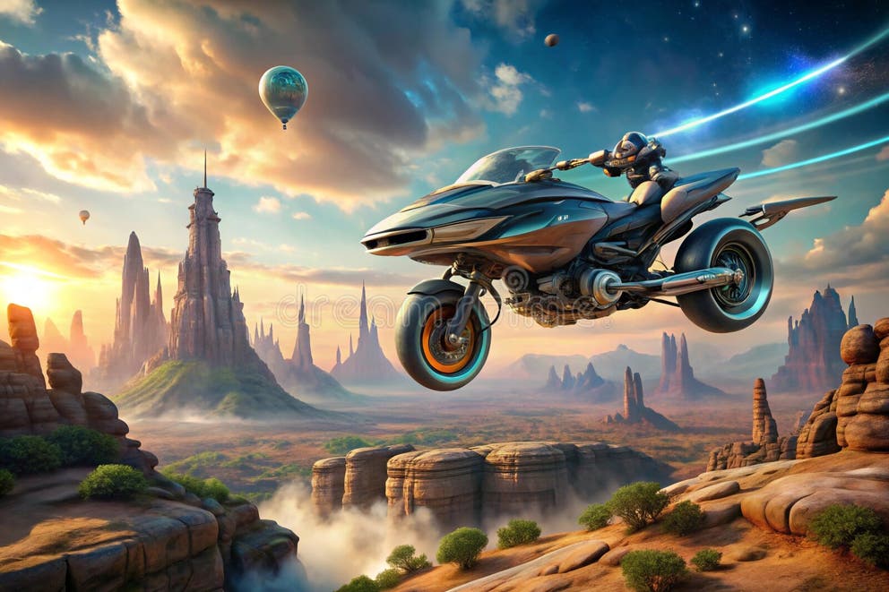 Flying Motorcycle in an Alien World. Generative AI Stock Illustration ...